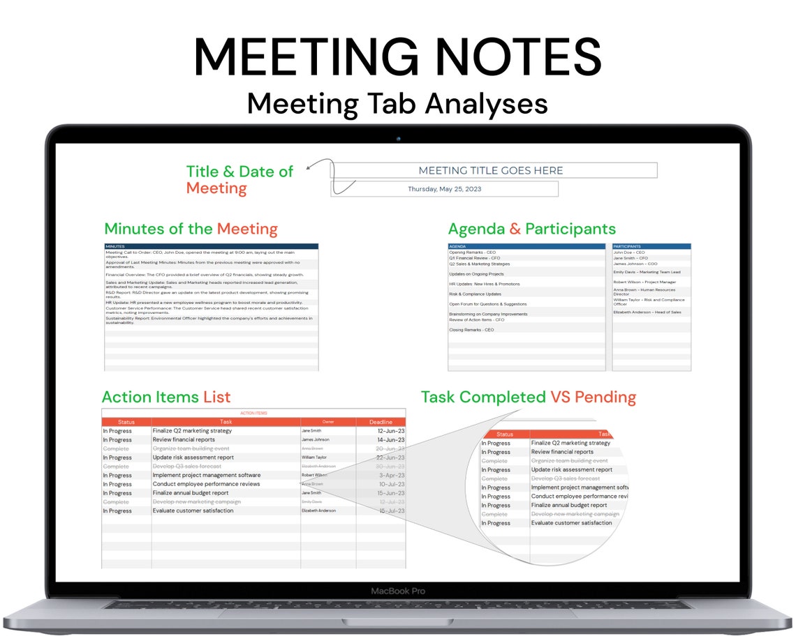 Meeting Notes Excel Template Agenda Minutes Action List - Etsy