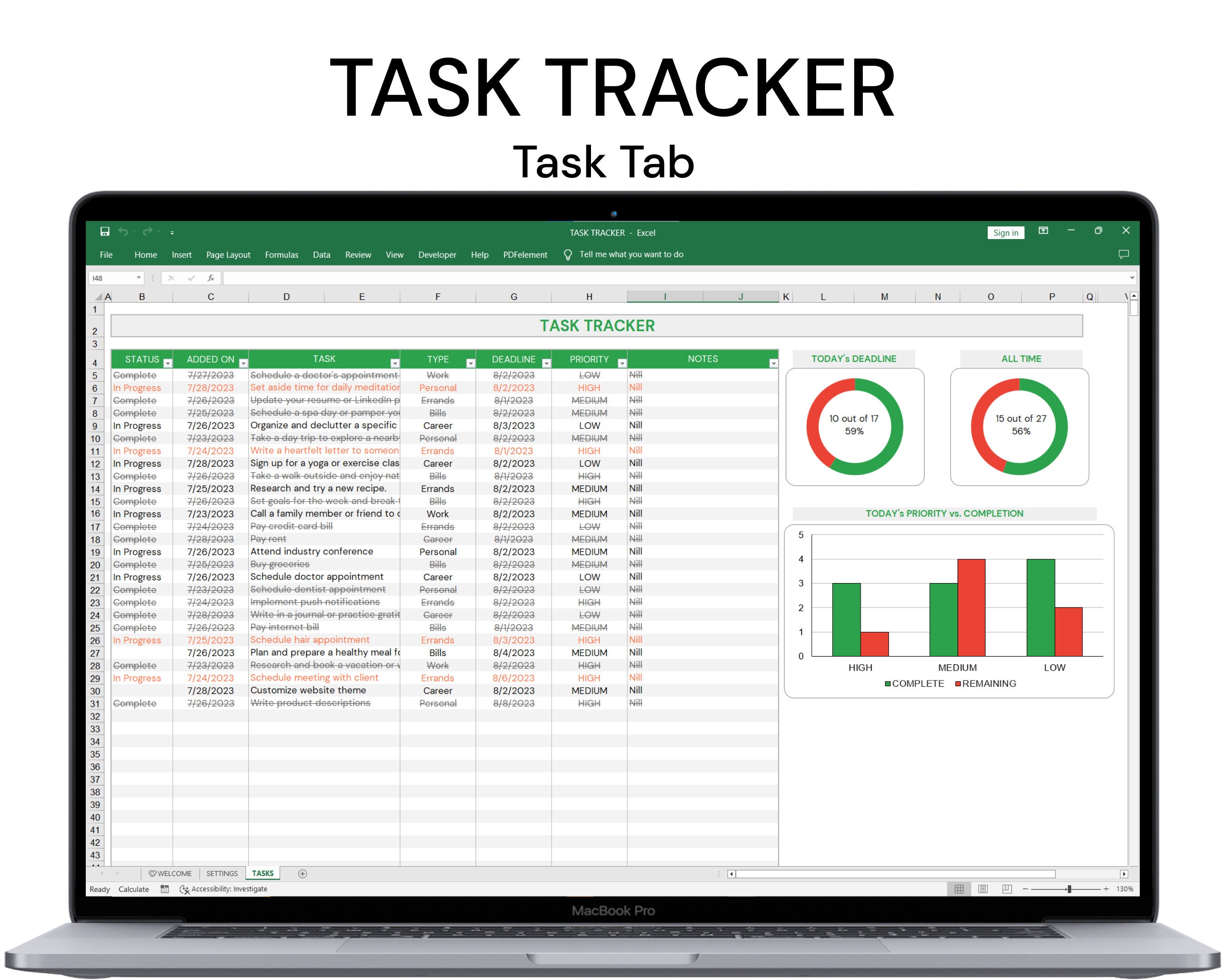 Task Tracker Excel Template Etsy