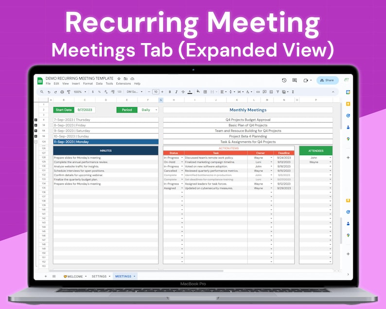 Recurring Meeting Template | Minutes, Agenda & Action Itemlist Tracker ...