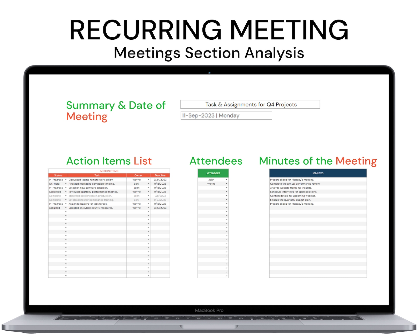 Recurring Meeting Template | Agenda | Minutes | Action List | Google ...