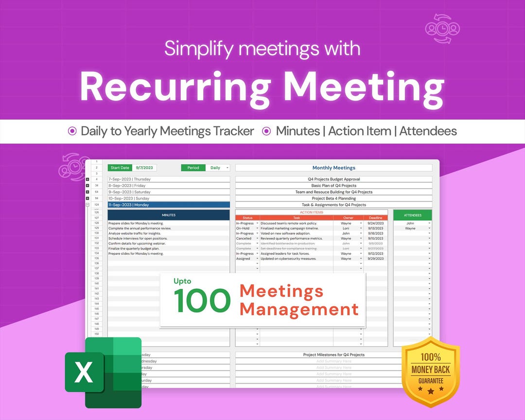 Recurring Meeting Template | Agenda | Minutes | Action List | Excel ...
