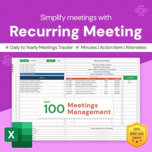 Recurring Meeting Template | Agenda | Minutes | Action List | Excel ...