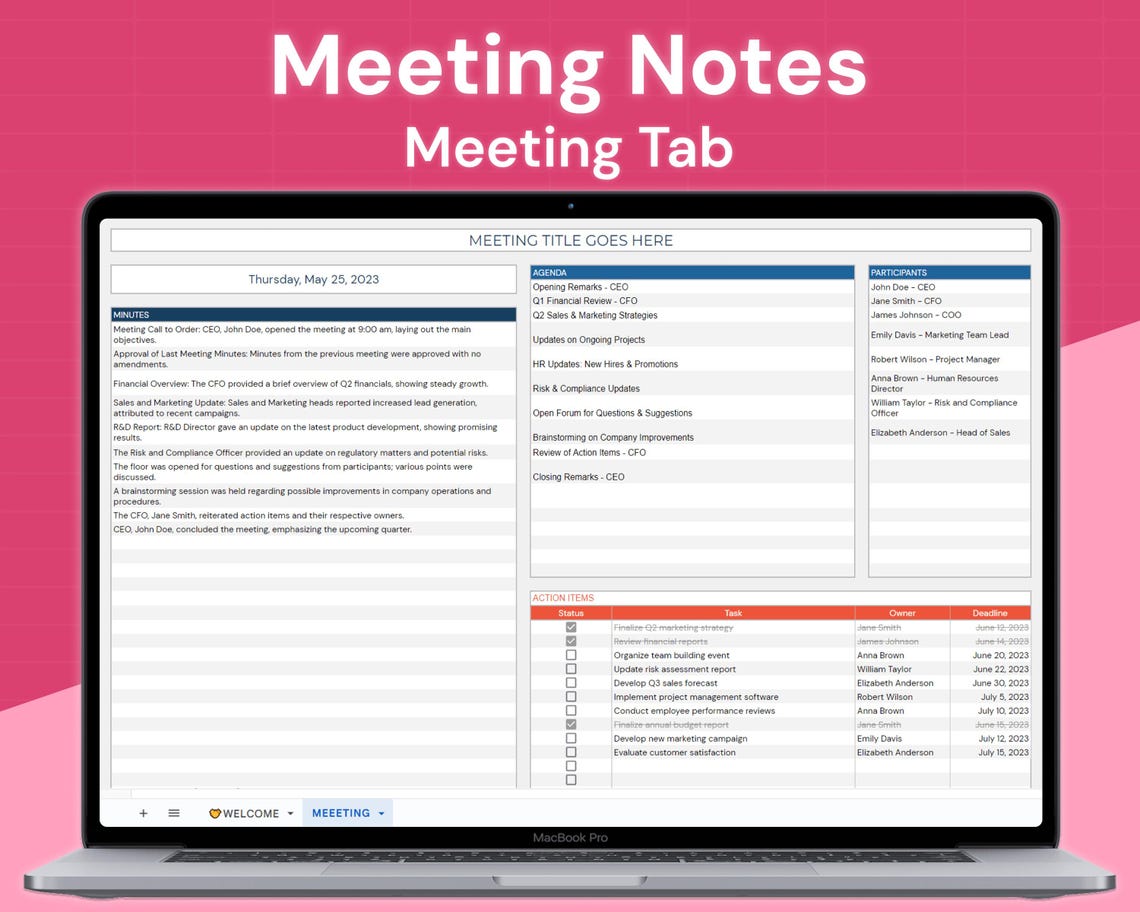 Meeting Notes Template | Agenda | Minutes | Action List | Google Sheet ...