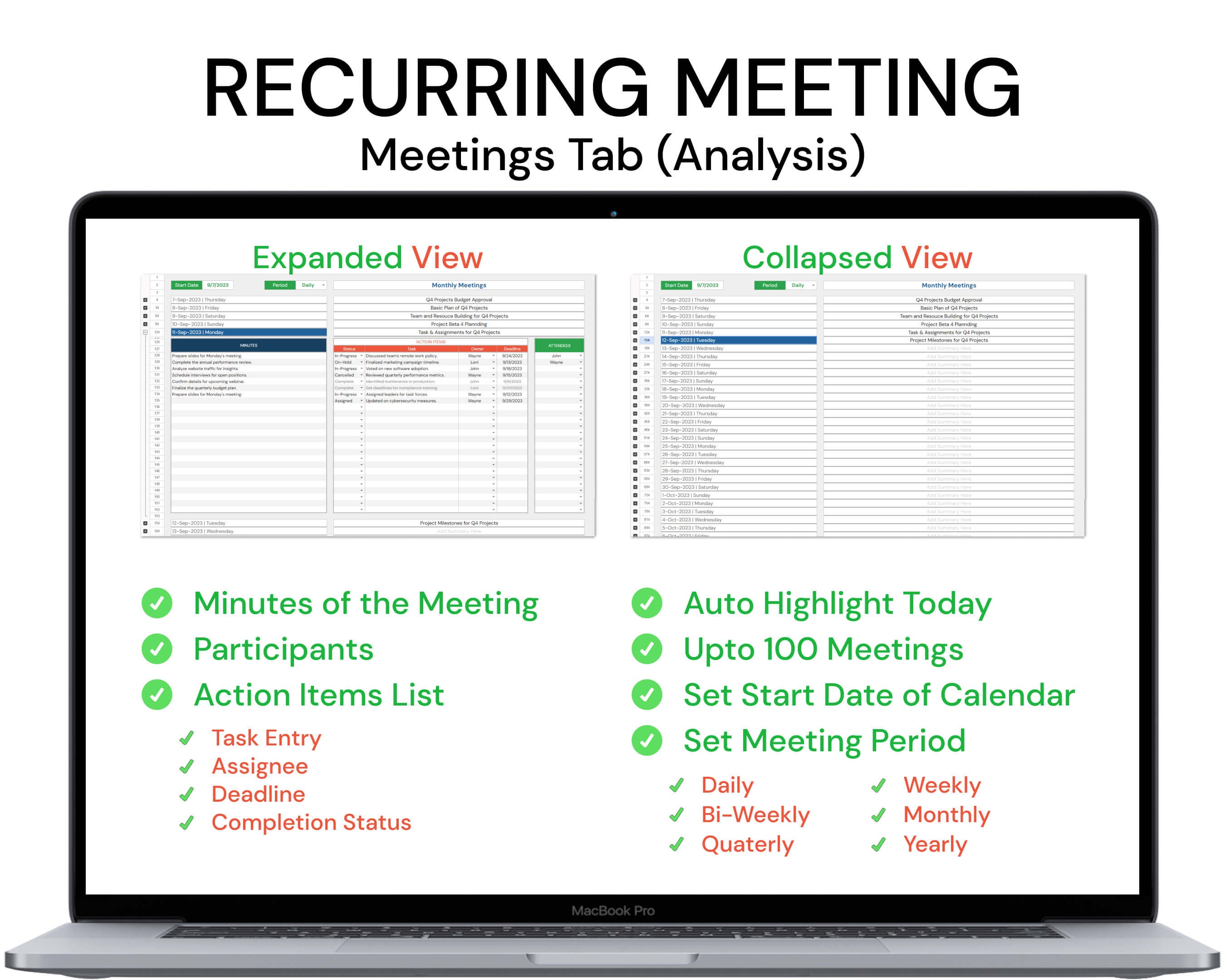 Recurring Meeting Template | Agenda | Minutes | Action List | Excel ...
