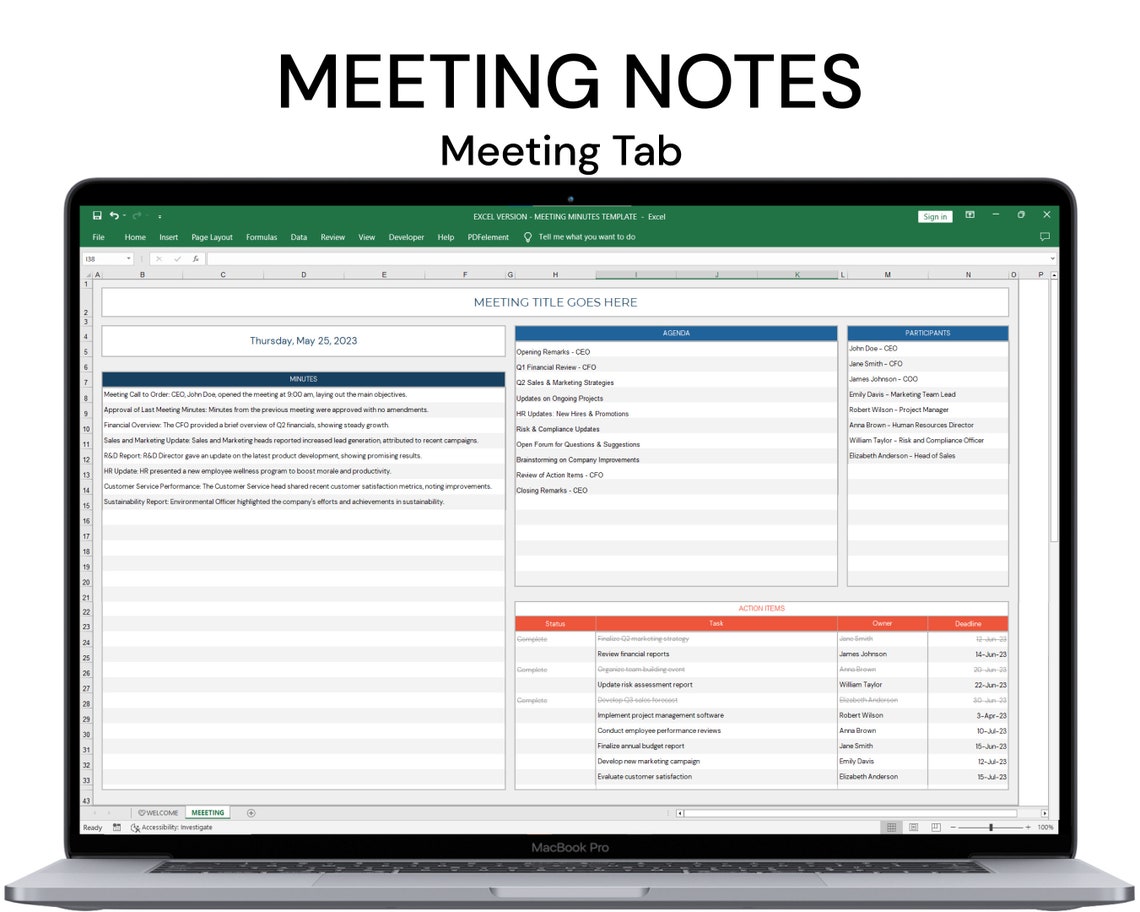 Meeting Notes Excel Template Agenda Minutes Action List - Etsy