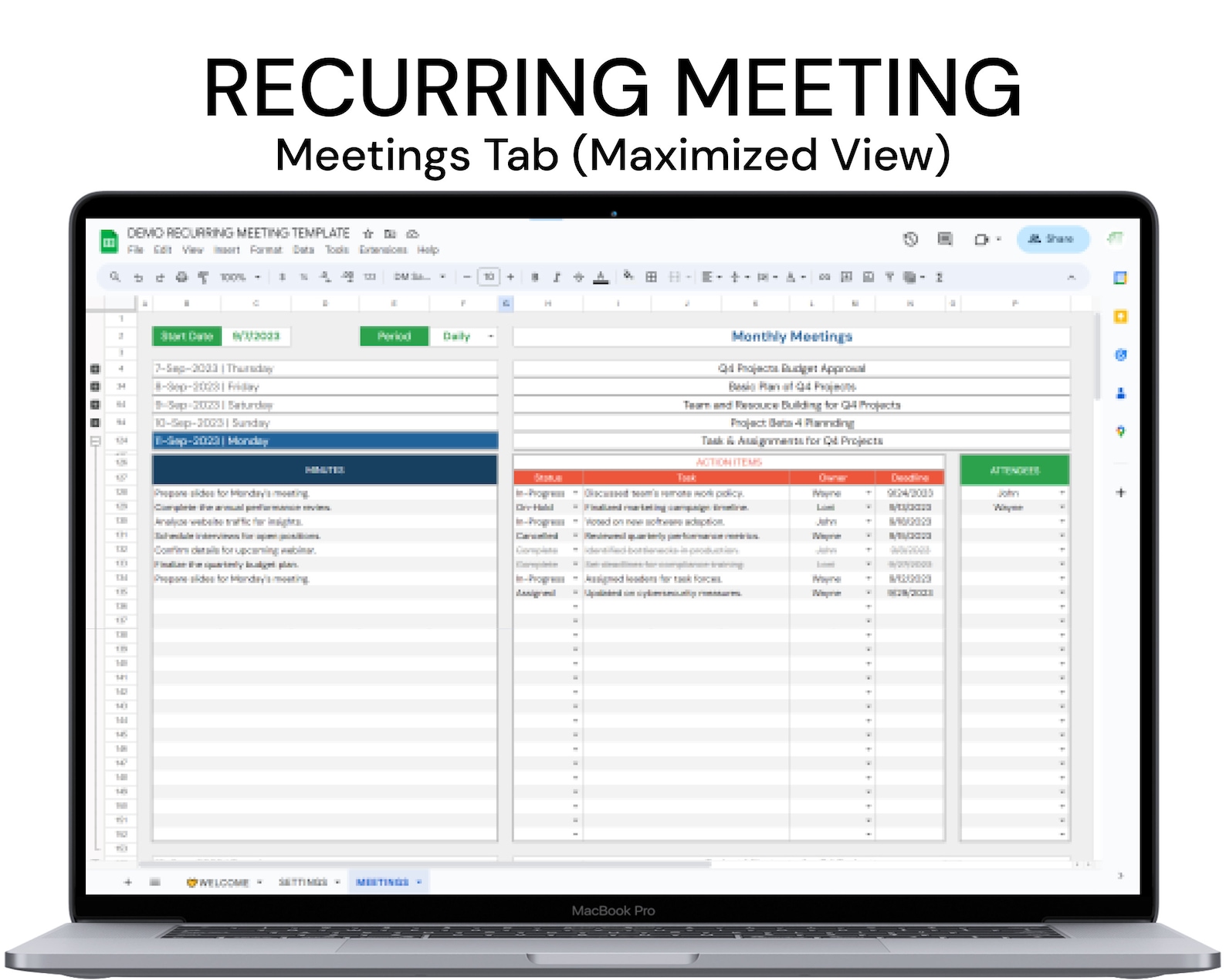 Recurring Meeting Template | Agenda | Minutes | Action List | Google ...