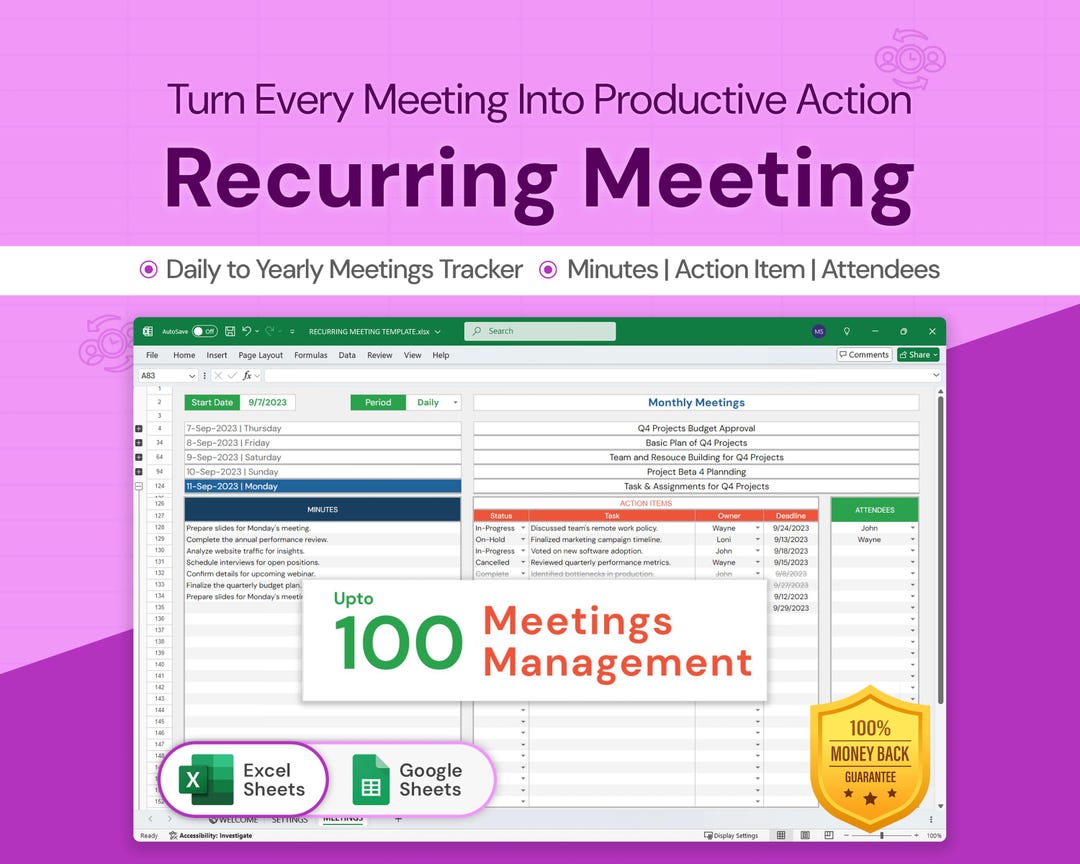 Recurring Meeting Template for Excel | HR Meetings Manager - Etsy