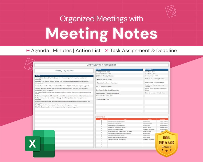 Meeting Notes Excel Template Agenda Minutes Action List - Etsy