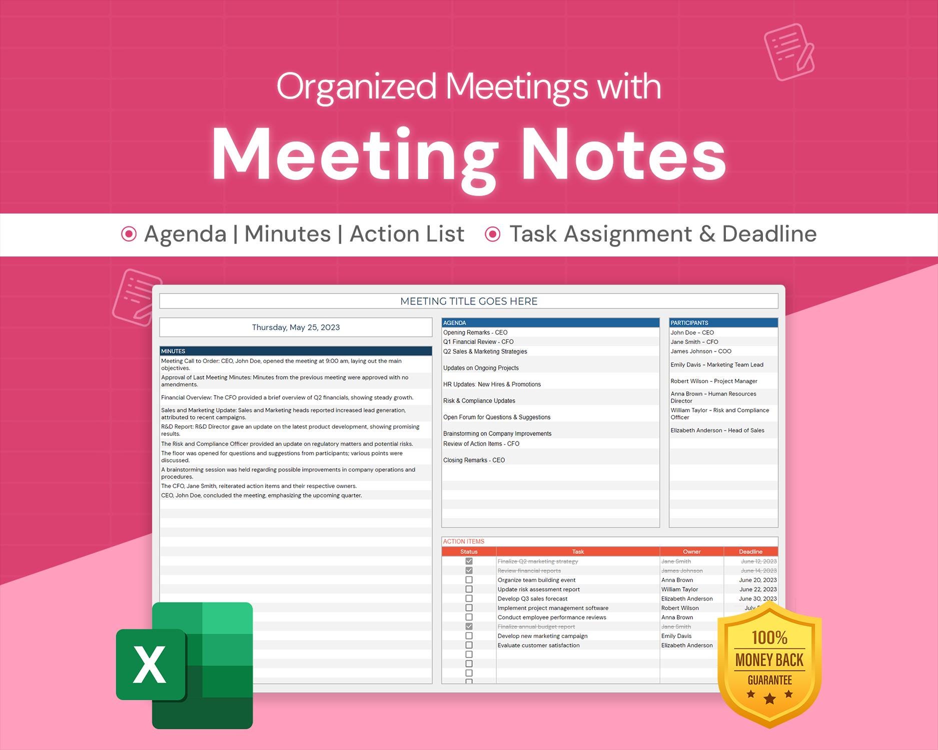 Meeting Notes Excel Template Agenda Minutes Action List - Etsy