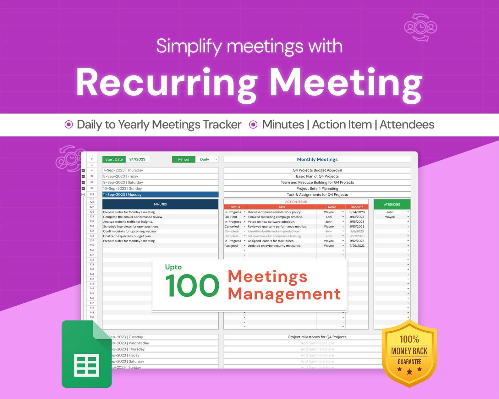 Recurring Meeting Template | Agenda | Minutes | Action List | Google ...