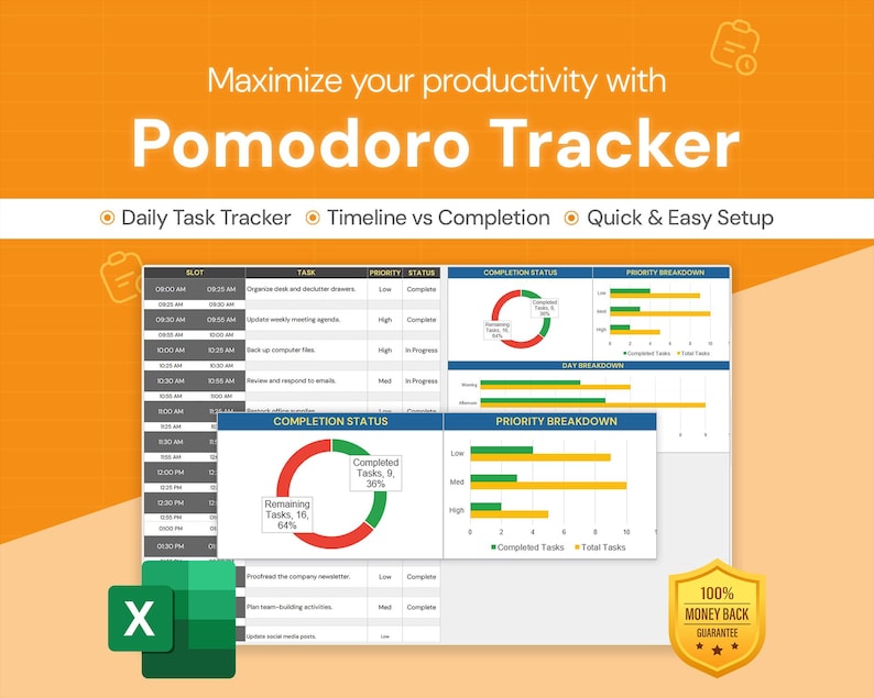 Pomodoro Tracker Daily Task Checklist Excel Template - Etsy