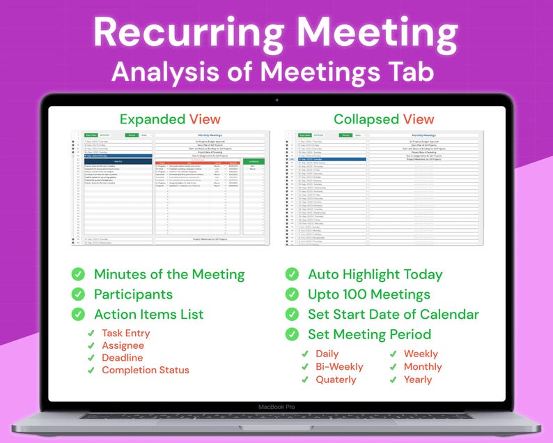 Recurring Meeting Template | Minutes, Agenda & Action Itemlist Tracker ...