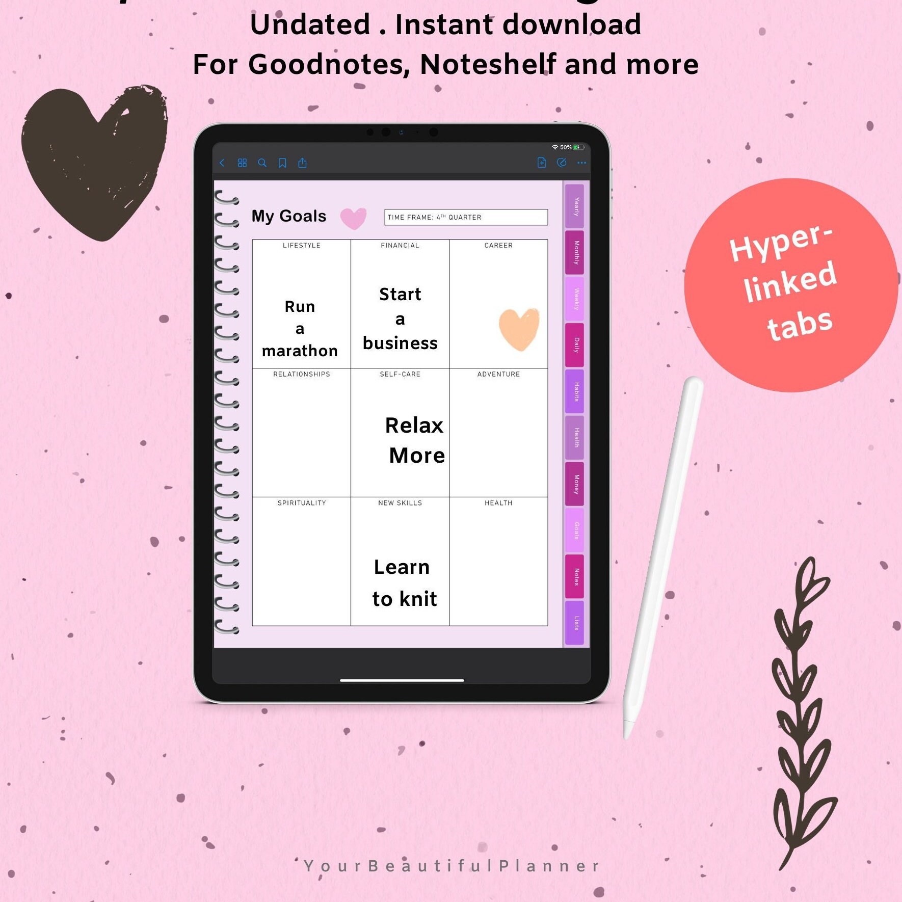 The GIRLY VIBES Undated Digital Planner 2024/2025 Noteshelf, Goodnotes ...