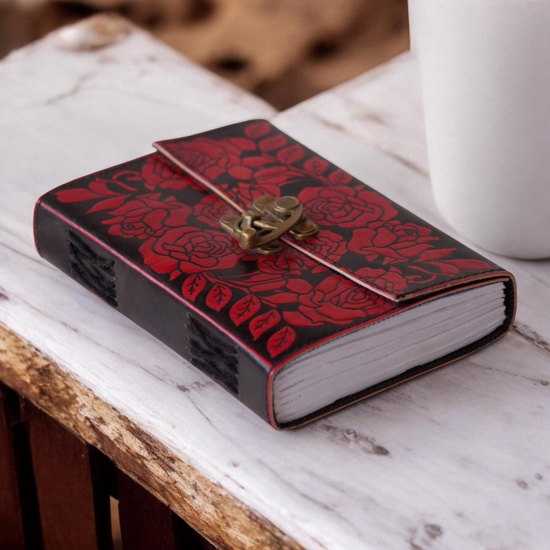 Book of Shadows Leather Notebook Grimoire Rose Print Leather Journal ...