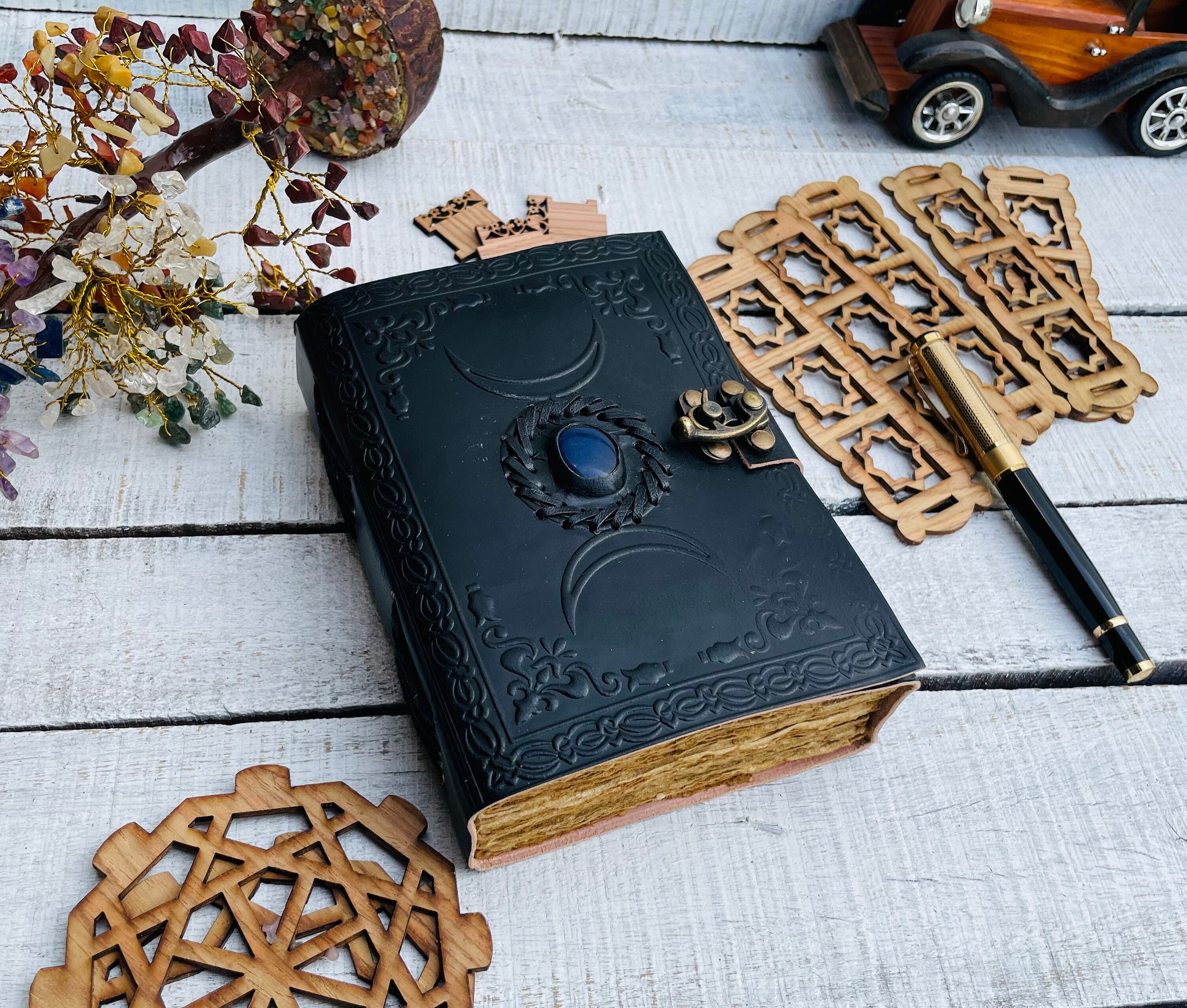 Book of Shadows Triple Moon Third Eye Stone Leather Journal - Etsy
