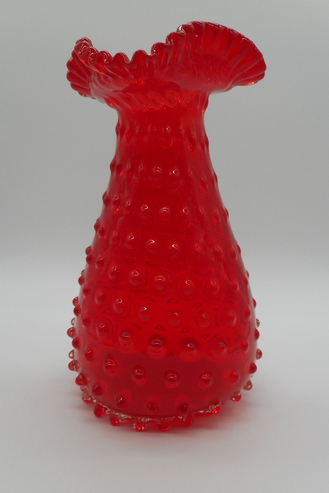FENTON Ruby Red Hobnail Bubble Glass With Ruffle Rim Vase CIRCA 1960s ...