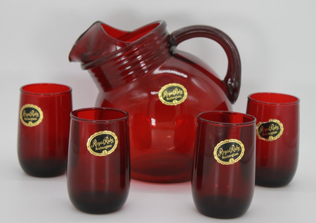 ANCHOR HOCKING Ruby Red Ball Pitcher & 4 Glasses CIRCA 1960s - Etsy
