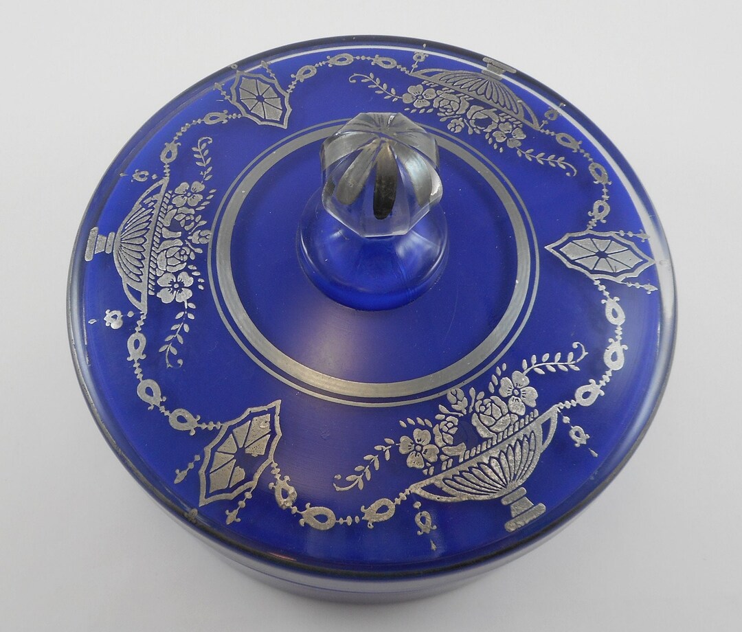 RARE Antique Cobalt Blue Round Silver Accents Box 1930s - Etsy