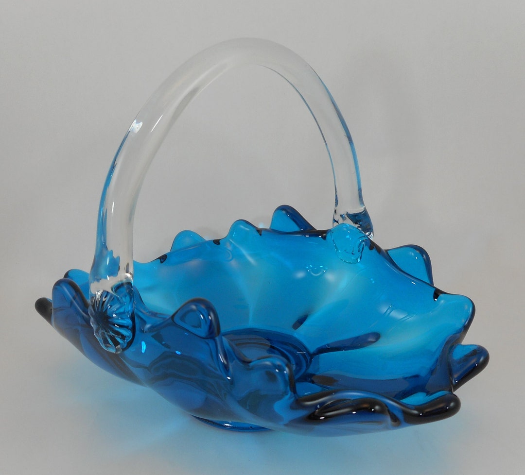 VIKING Blue Glass Double Crimped Bowl Basket CIRCA 1970s - Etsy