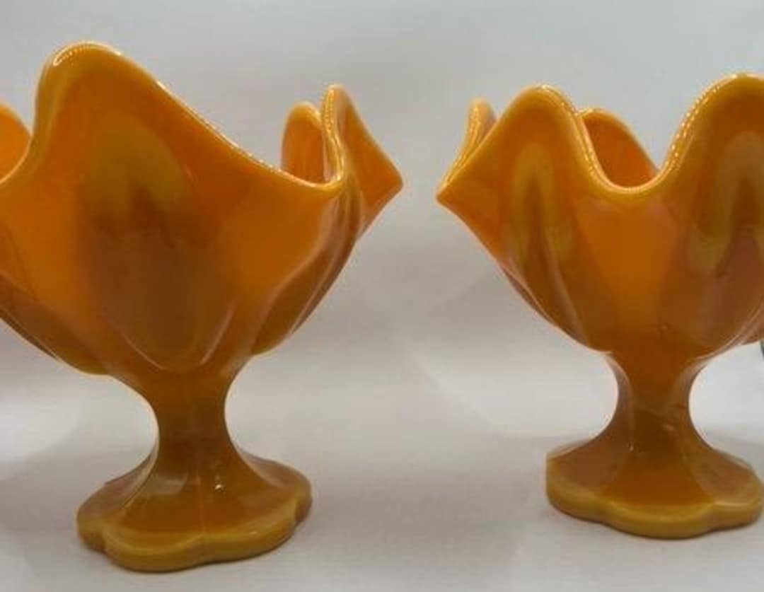 LE SMITH Bittersweet Orange Slag Glass Pair Vases Compote Dish CIRCA ...
