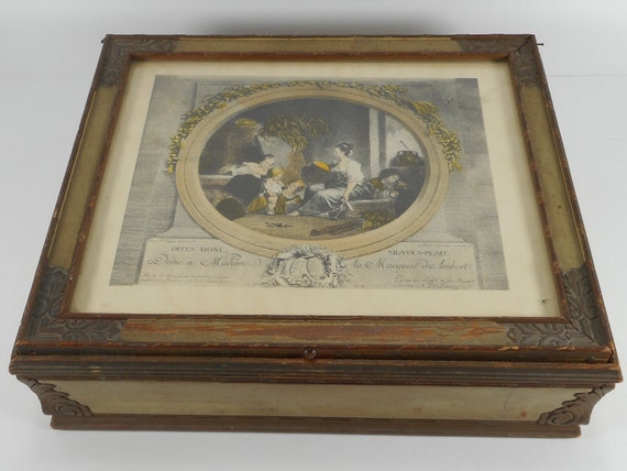 RARE Antique wooden box Victorian decorative lid CIRC… - Gem