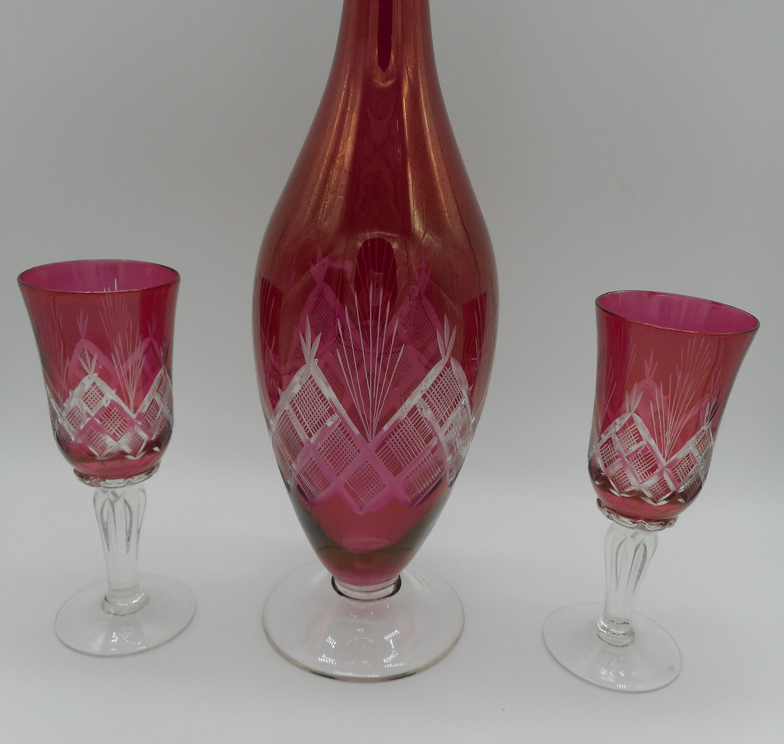 Bohemian Ruby Red Etched Cut Glass Decanter & 2 Glasses CIRCA 1970s - Etsy