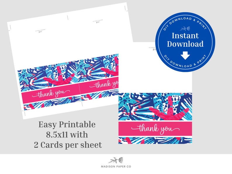 Hot Pink Thank You Card, Instant Download, Lilly Inspired, DIY ...