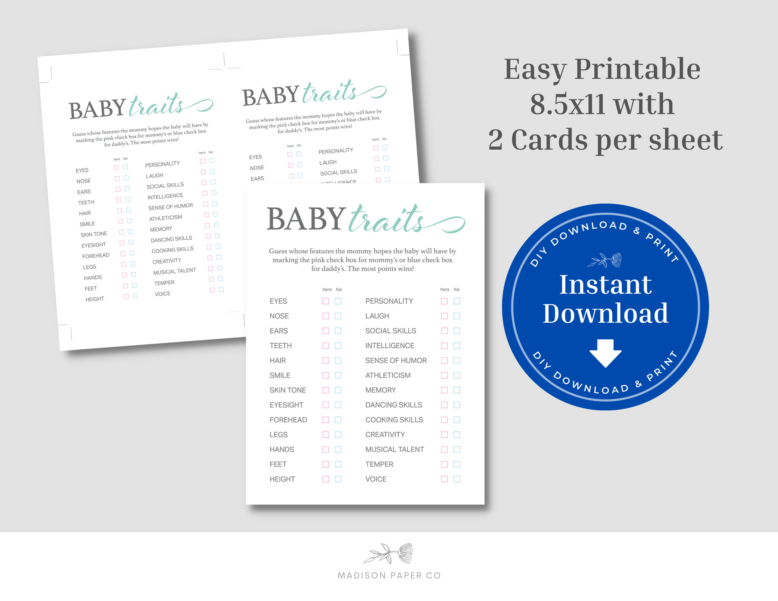Baby Traits Mommy or Daddy Printable 5x7 Card and 8x10 Sign - Etsy