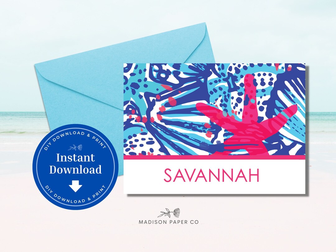Printable Preppy Custom Name Note Card, Lilly Inspired Instant Download ...