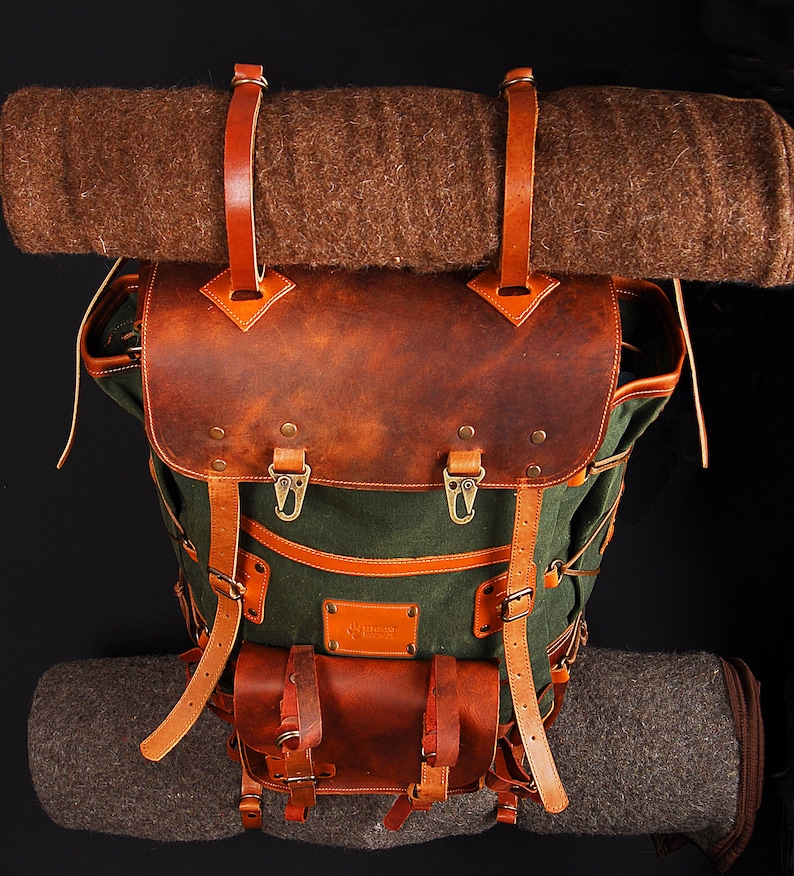 Custom Bushcraft Backpack Brown Green Camping Backpack Leather Backpack ...