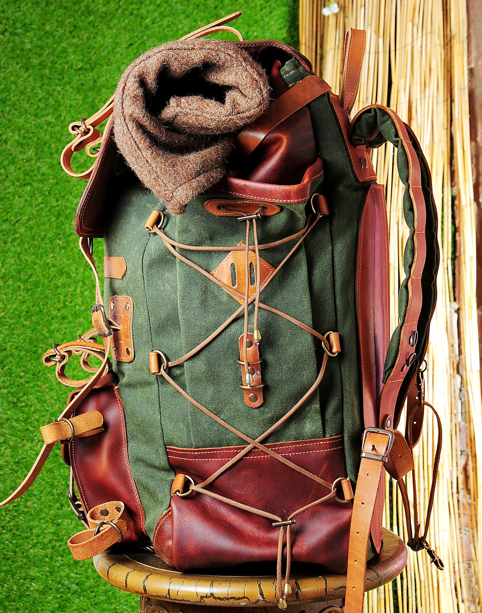 Custom Bushcraft Backpack Brown Green Camping Backpack Leather Backpack ...