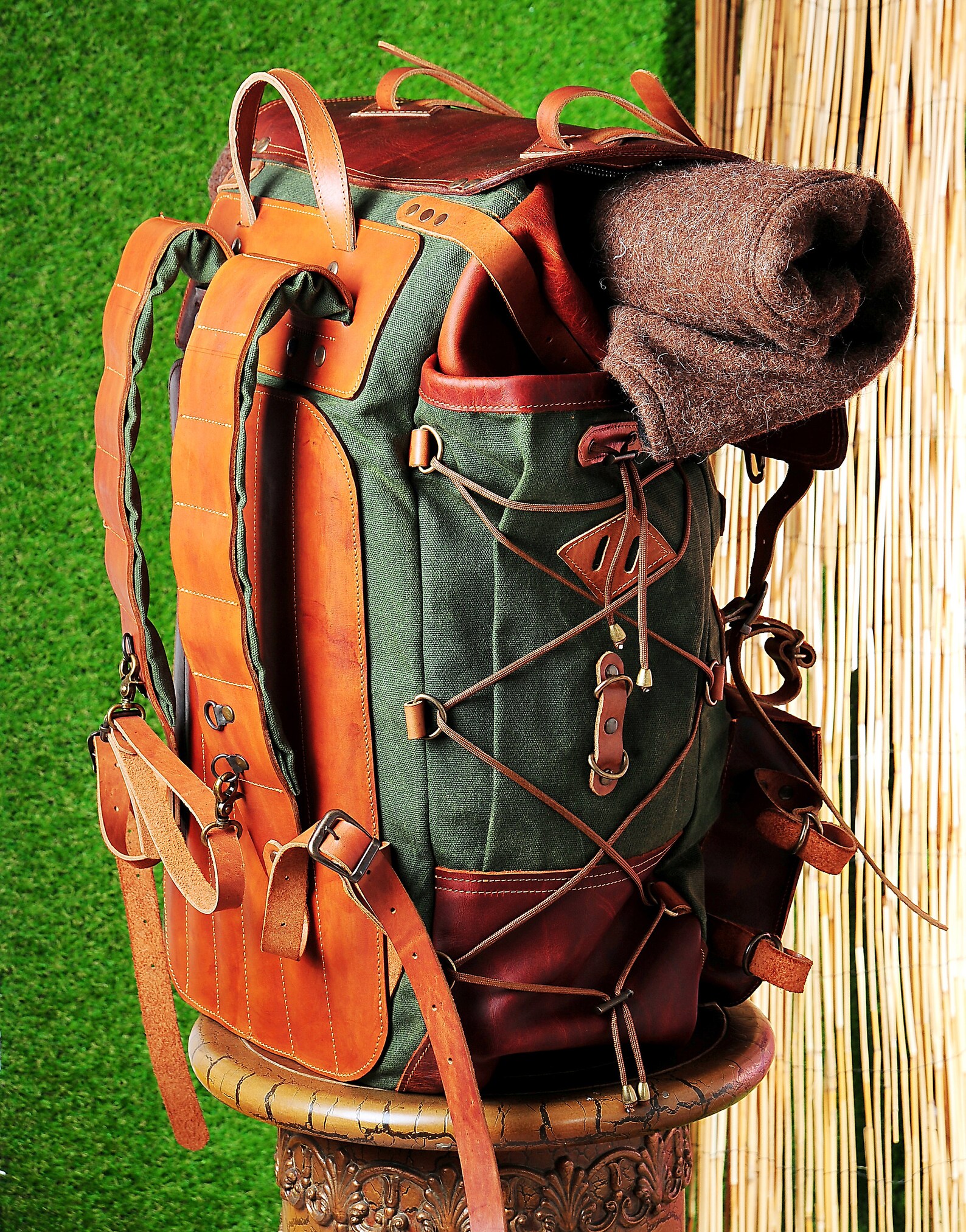 Custom Bushcraft Backpack Brown Green Camping Backpack Leather Backpack ...