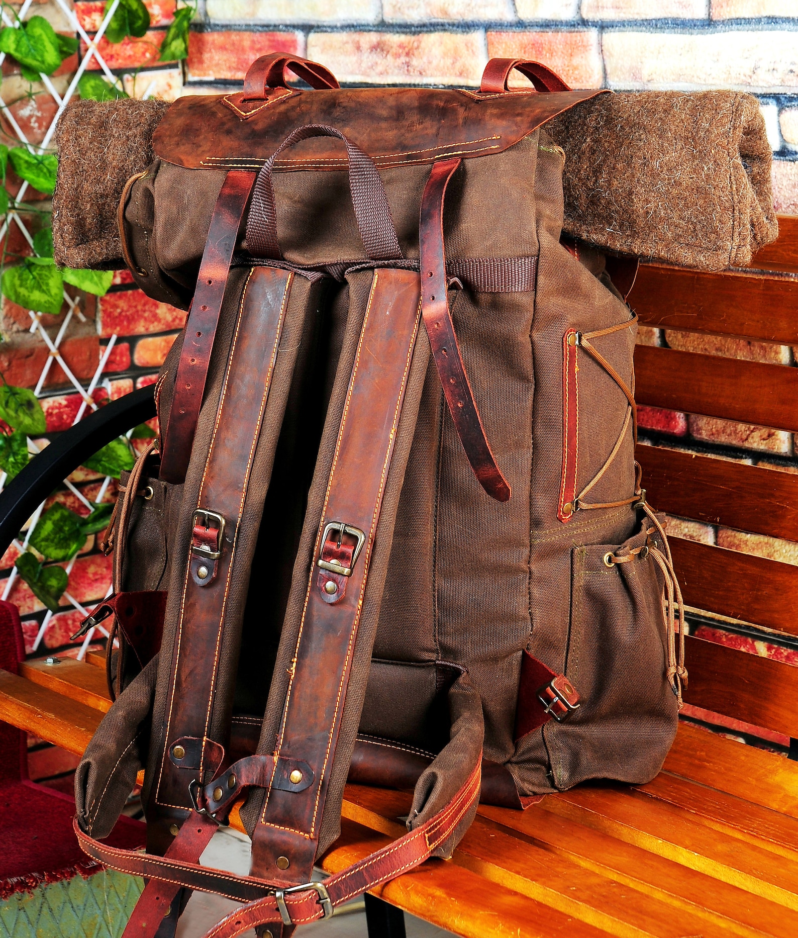 Outdoor | Camping | Bushcraft | Backpack | Canvas-leather | Green-brown ...