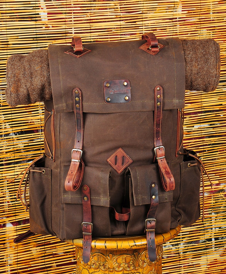 Hiking Camping Bushcraft Backpack Canvas-leather Green-brown Bushcraft ...