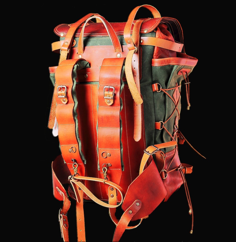 Custom Bushcraft Backpack Brown Green Camping Backpack Leather Backpack ...