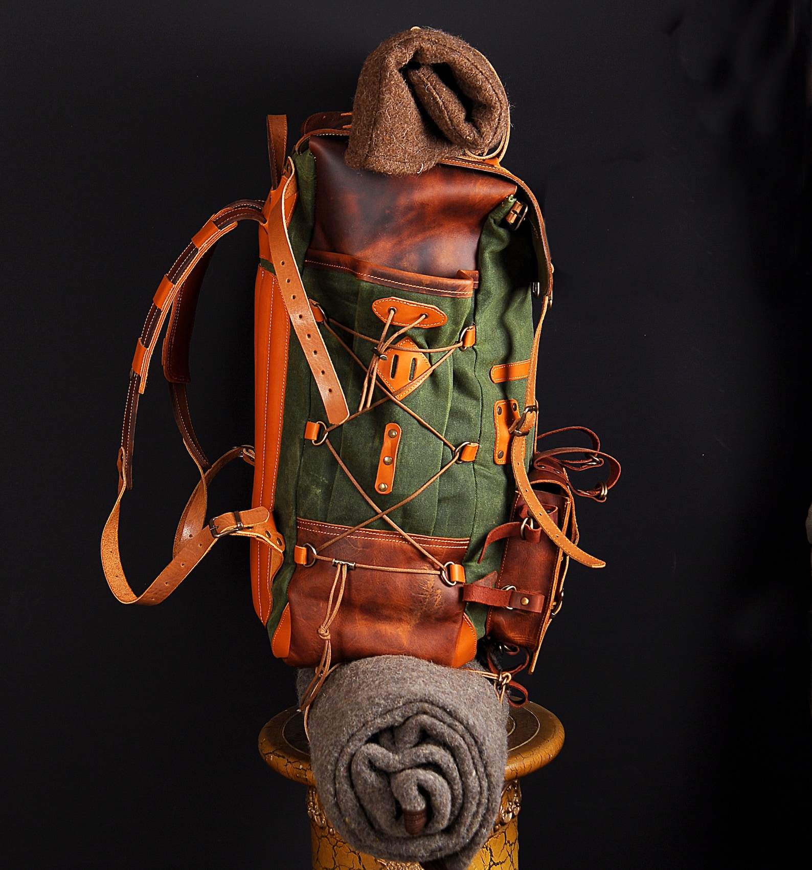 Custom Bushcraft Backpack Brown Green Camping Backpack Leather Backpack ...