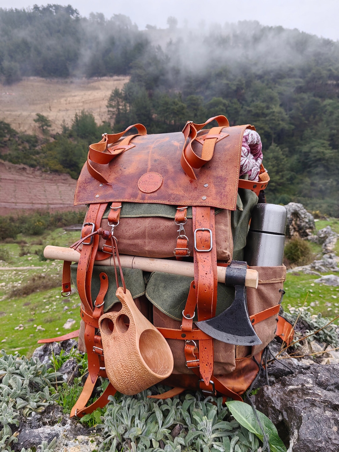 45L| Handmade Leather and Waxed Canvas | Bushcraft Backpack | Camping ...