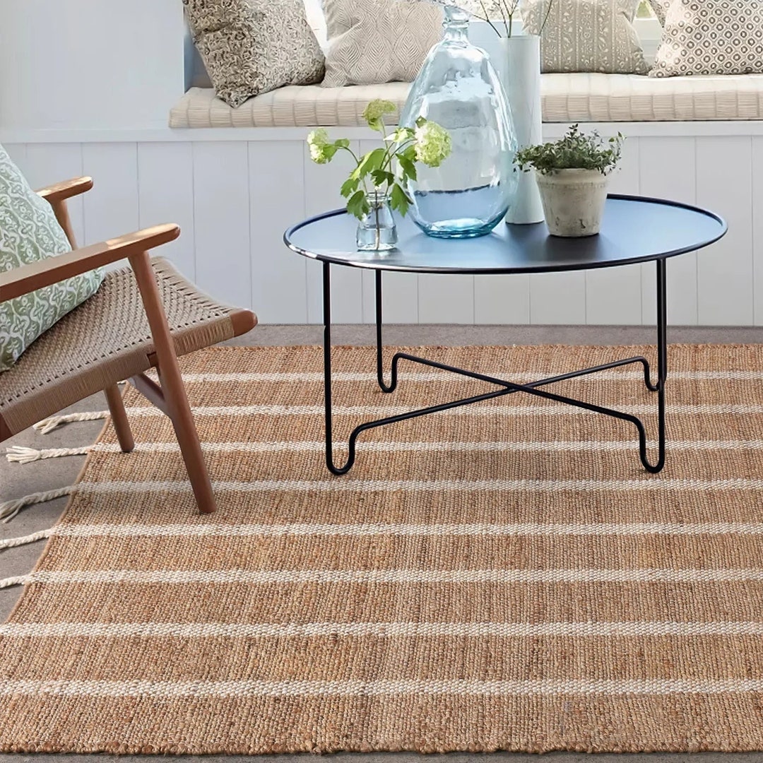 Striped Natural Jute Area Rug, Natural Wool Jute Living Room Runner ...