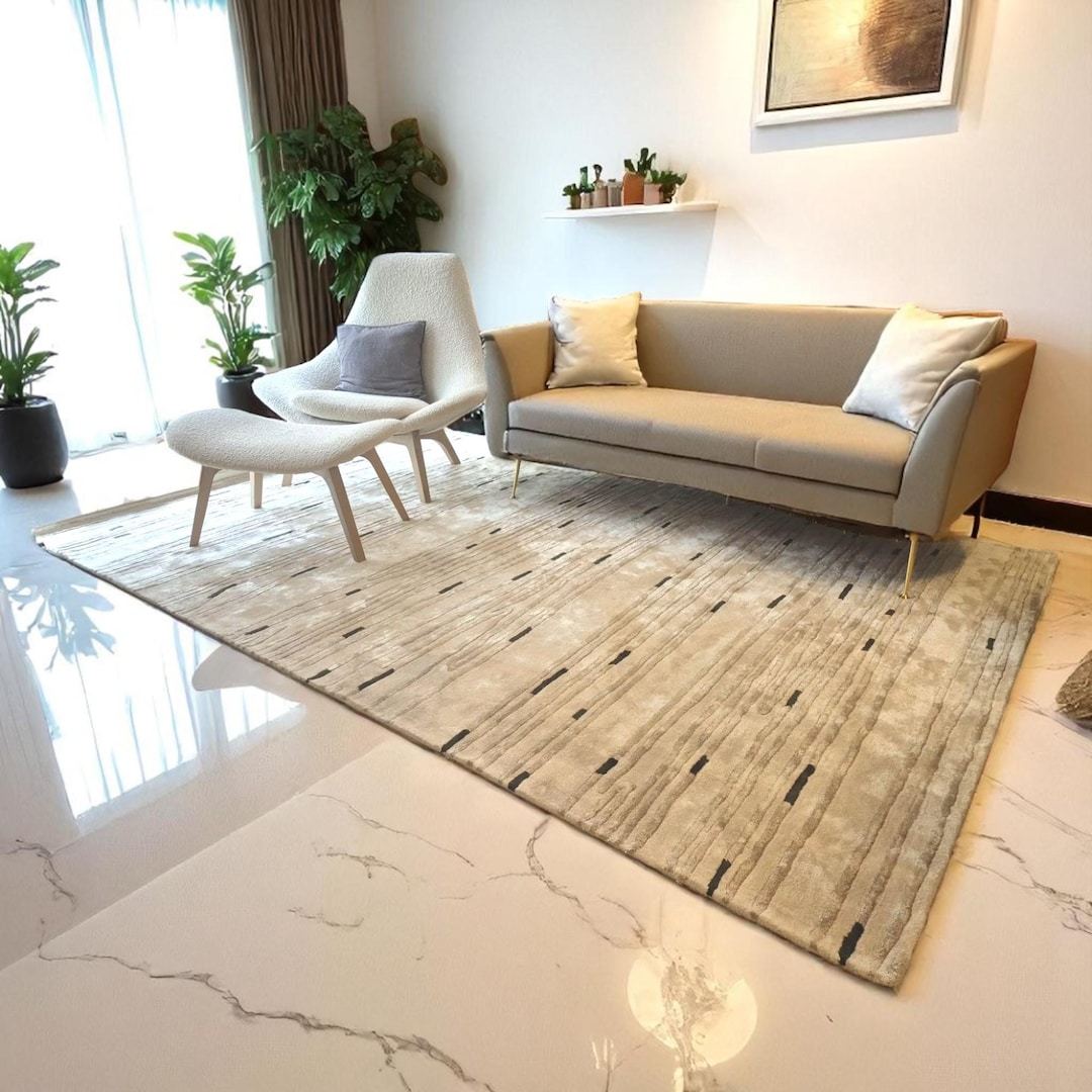 Hand Tufted Beige Striped Wool Rug, Modern Area Rug for Living Room ...