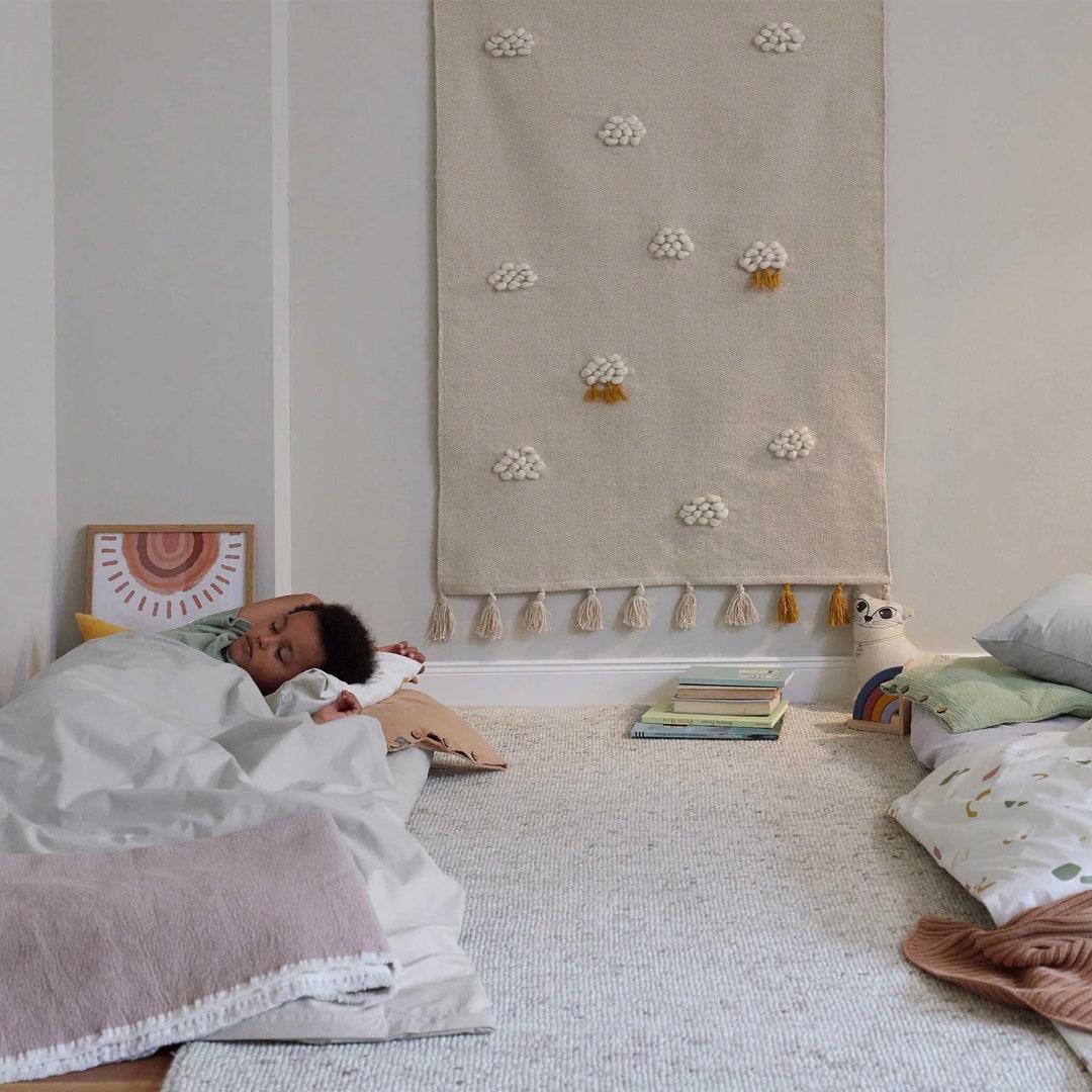 Hand Woven Cotton Children's Rug, Beautiful Wool Clouds Distributed on ...