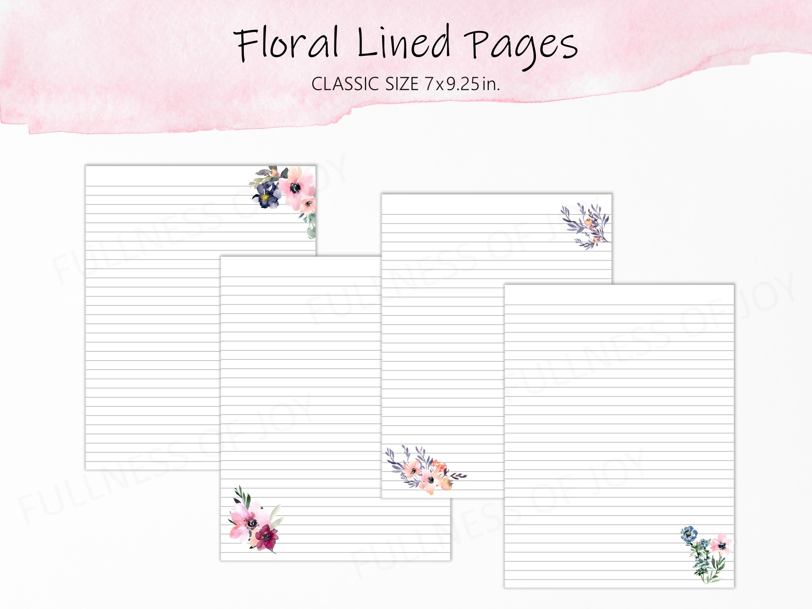 Journal Page Printable Floral Notebook Page Classic Size Lined Paper ...