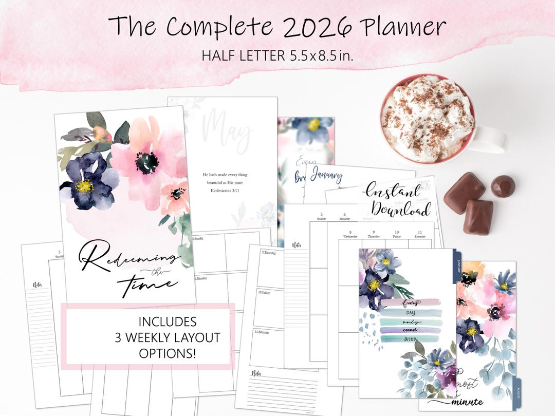2026 Christian Planner Printable: Watercolor Floral, Half Letter Size ...