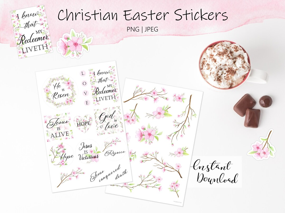 Printable Christian Easter Stickers He is Risen Stickers Cherry Blossom ...
