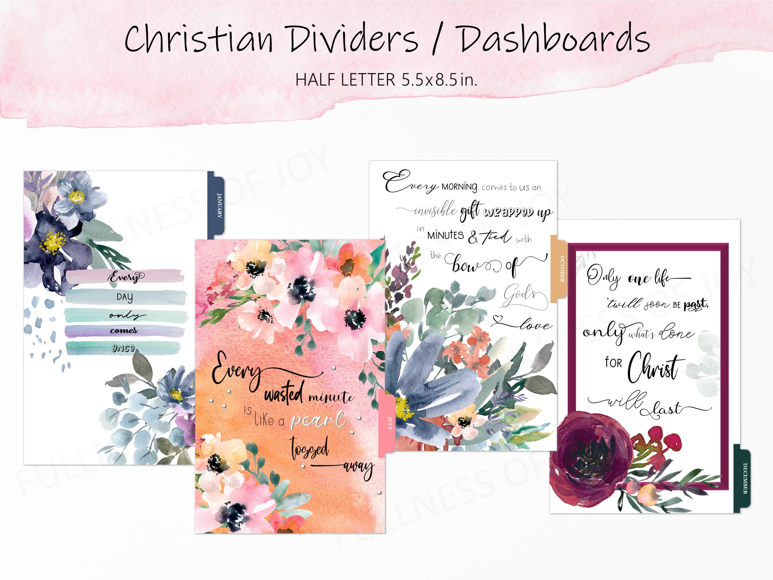 Floral Christian Planner Dividers: Faith Dashboards, Half Letter ...