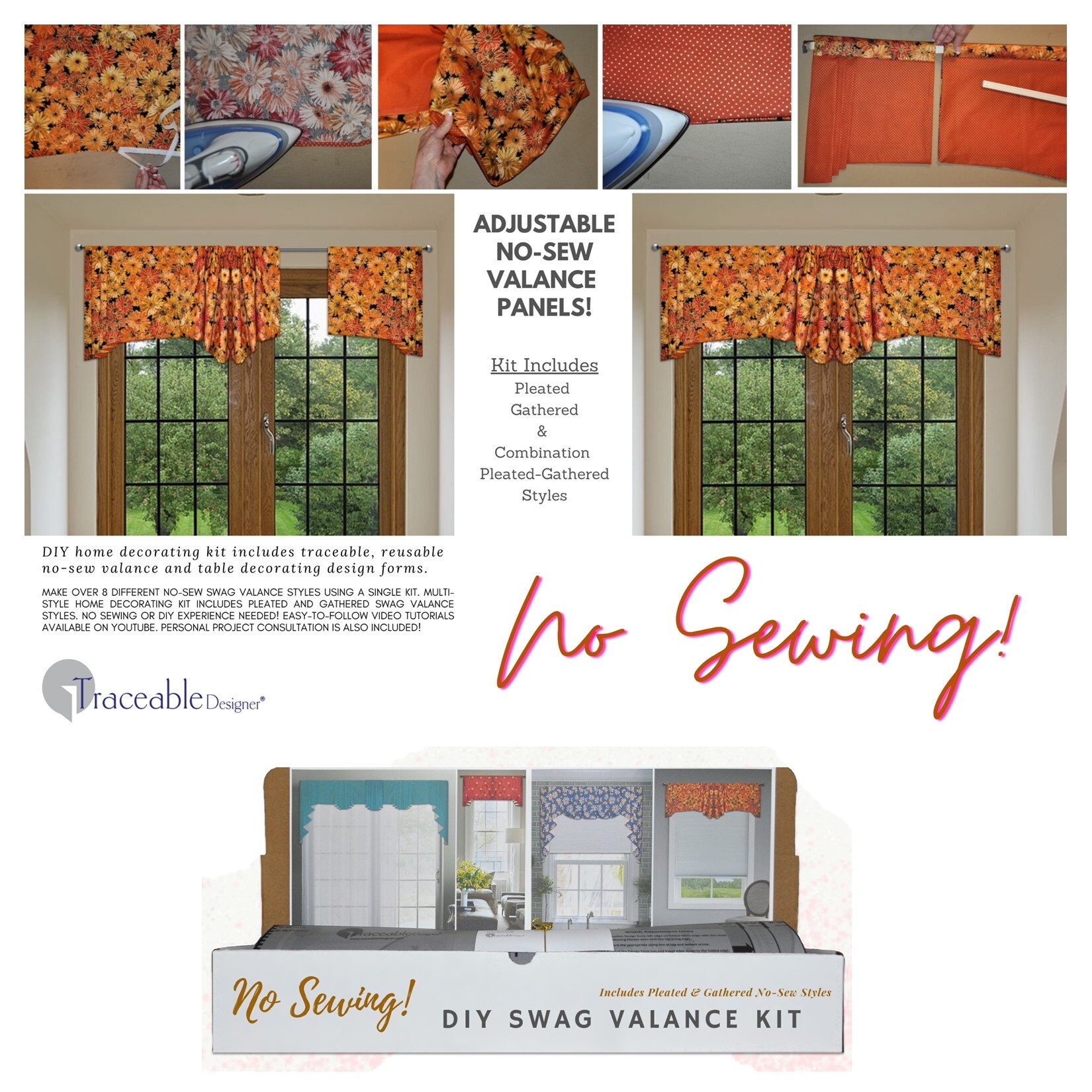 Multi-style No-sew Pleated & Gathered Swag Valance Kit, for No-sew Home ...