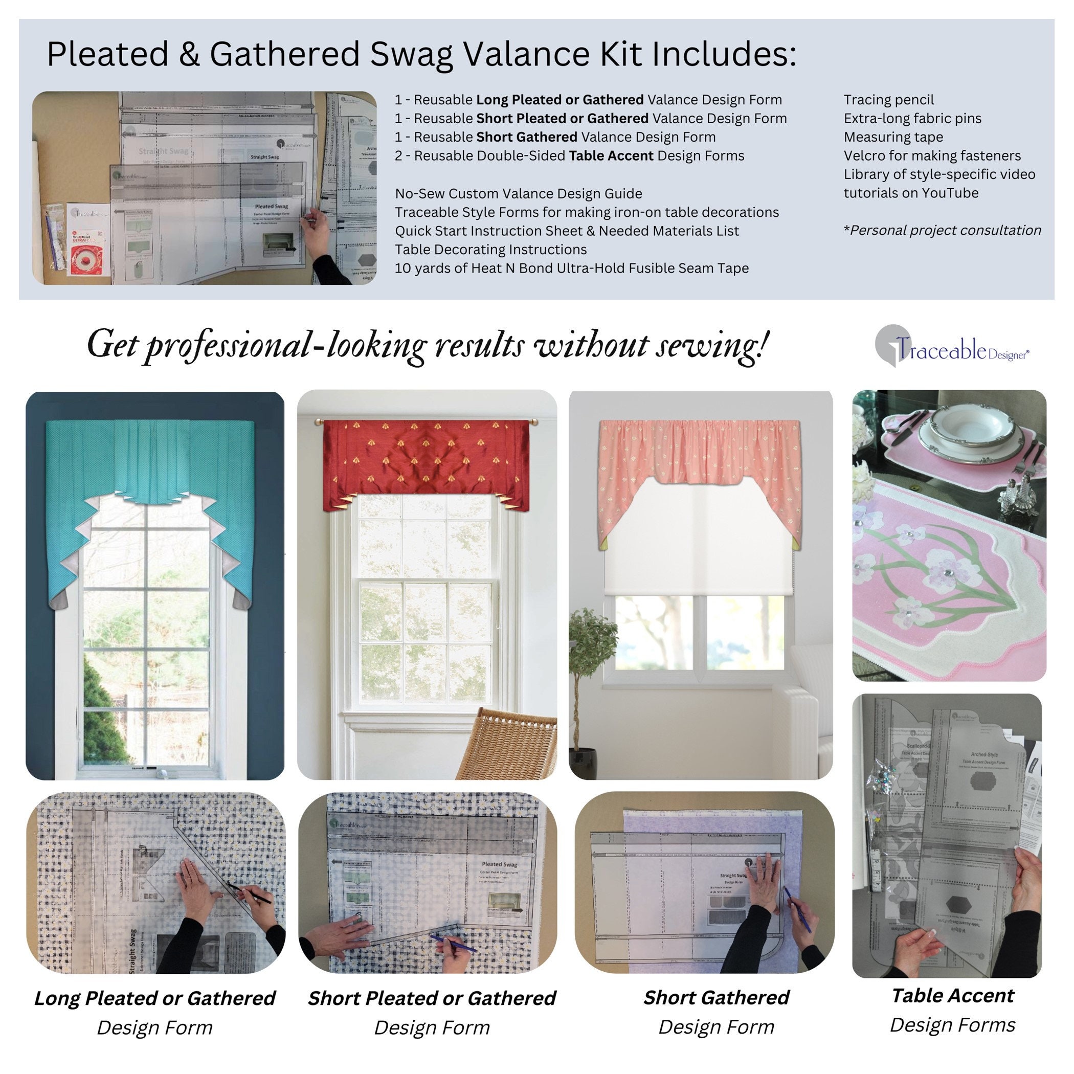 Multi-style No-sew Pleated & Gathered Swag Valance Kit, for No-sew Home ...
