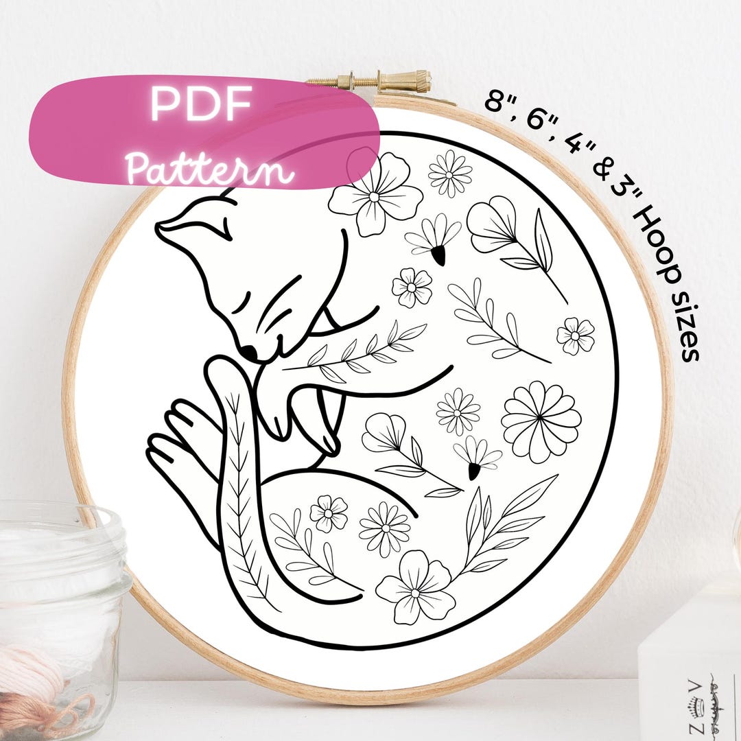 Cat Embroidery Pattern PDF: Sleeping Cat With Flowers - Beginner Hoop ...