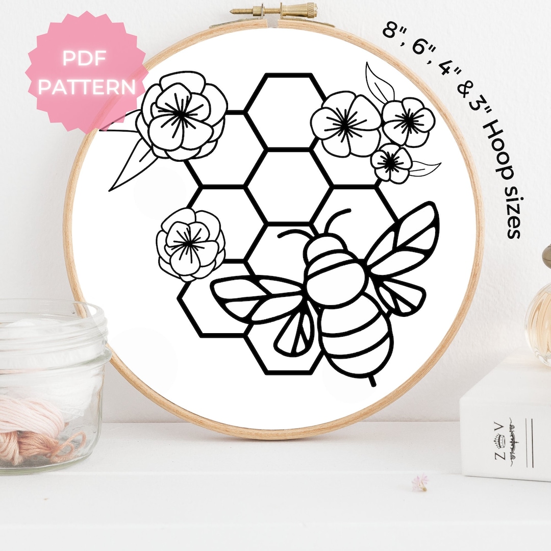 Bee, Honeycomb and Flowers PDF Embroidery Pattern - Instant Download, 8 ...