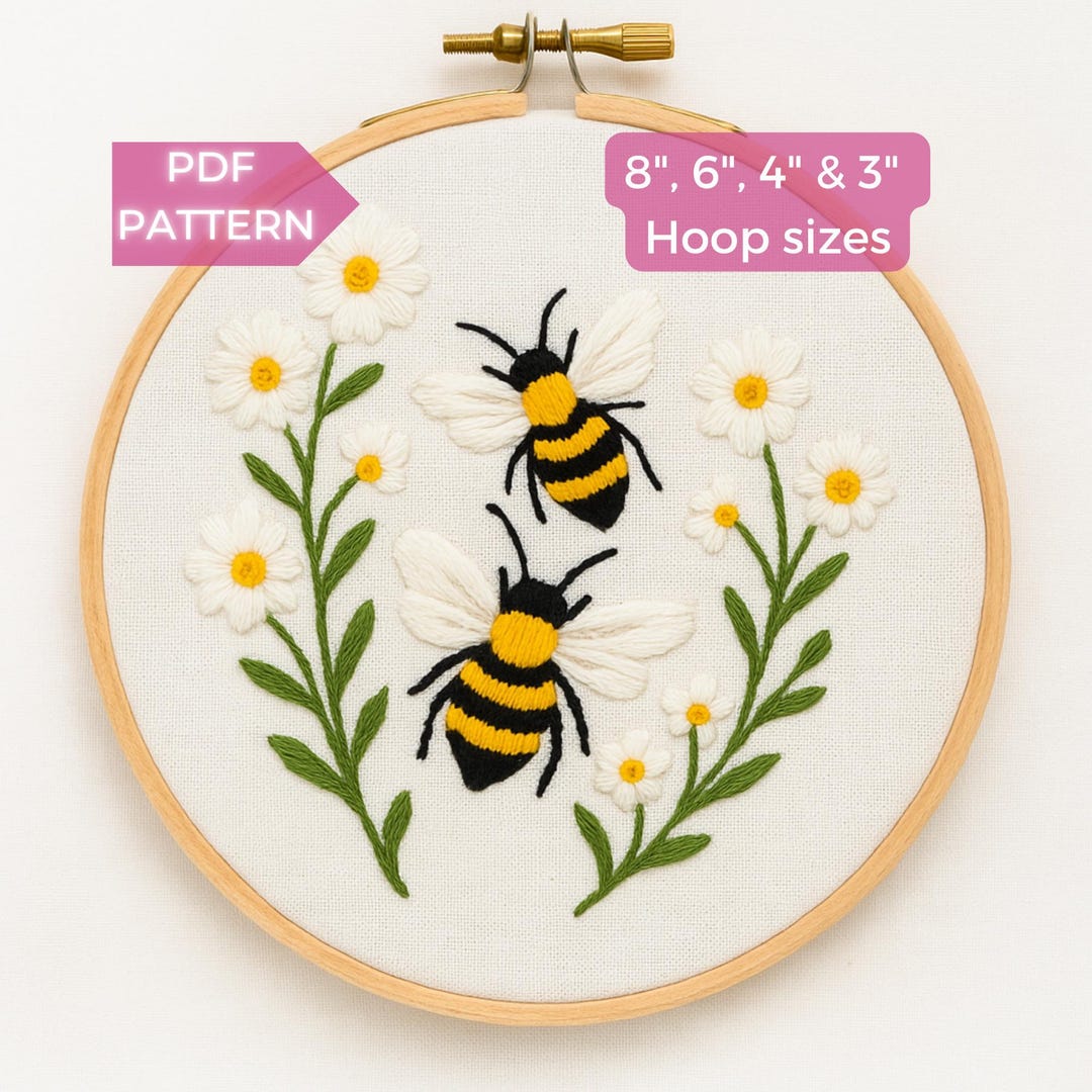 Floral Bees - Easy PDF Embroidery Pattern Design - Instant Download, 8 ...