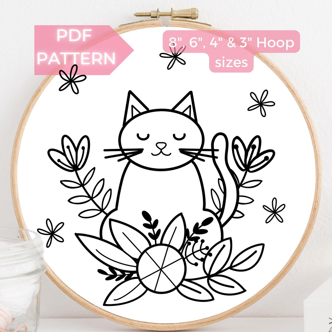 Floral Cat Embroidery Pattern, PDF Digital Instant Download, Flower ...